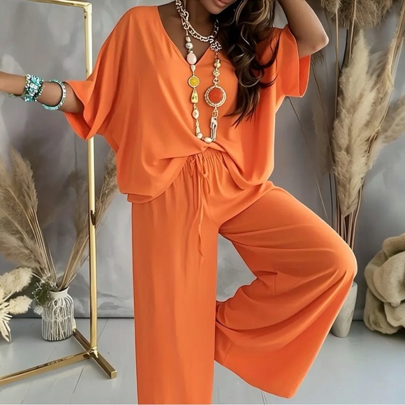 Pants & Jumpsuits | Chic Orange Clothing Set Swooped Sleeves Vneck Top ...